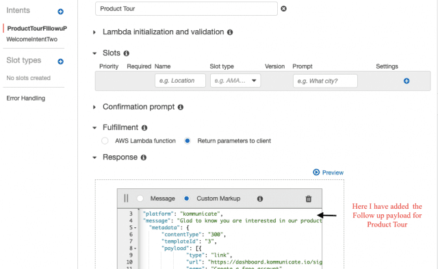 Amazon Lex Bot: Add Rich Message Button Response | Kommunicate