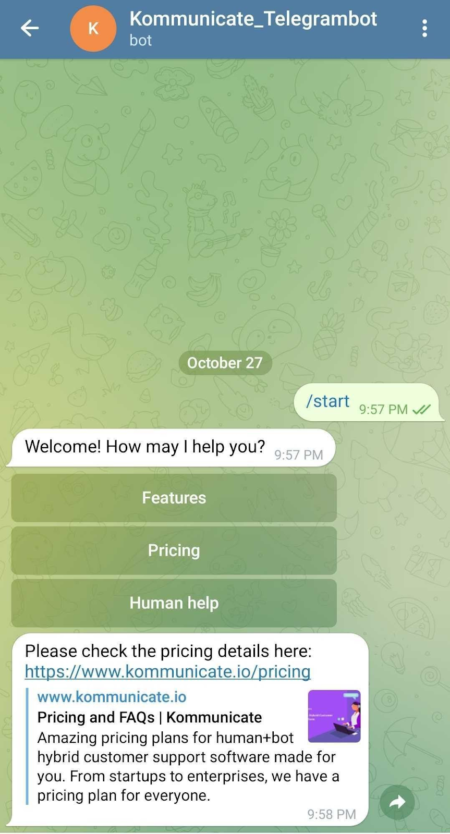Integrate Dialogflow chatbot with Telegram | Kommunicate